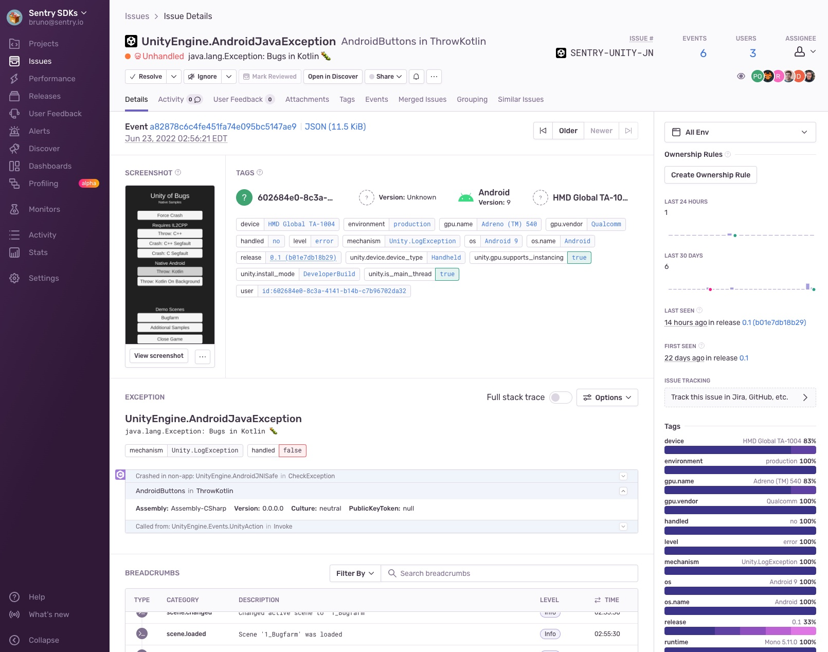 Screenshots | Sentry for Minidumps